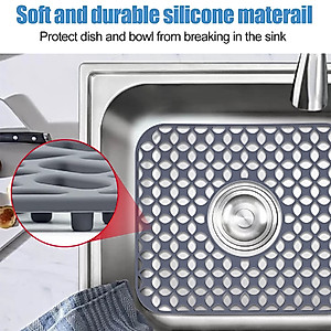 JUSTOGO Silicone Sink Protector, Center Drain Kitchen Sink Mats Grid Accessory, 2 PCS Folding Non-slip Sink Mats for Bottom of Farmhouse Stainless Steel Porcelain Sink ((Light Grey, 13.58"x 11.6")