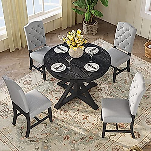 LCH 5-Piece Functional Furniture Retro Style, Extendable Round Set with Table and 4 Upholstered Chairs for Dining Living Room (Espresso)