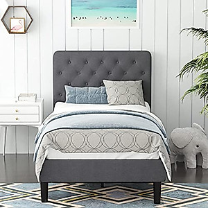 4 EVER WINNER Twin Bed Frames Upholstered Platform Bed Frame with Button Tufted Headboard, Twin Size Bed Frames for Kids, Sturdy Slat Support, No Box Spring Needed, Easy Assembly, Grey