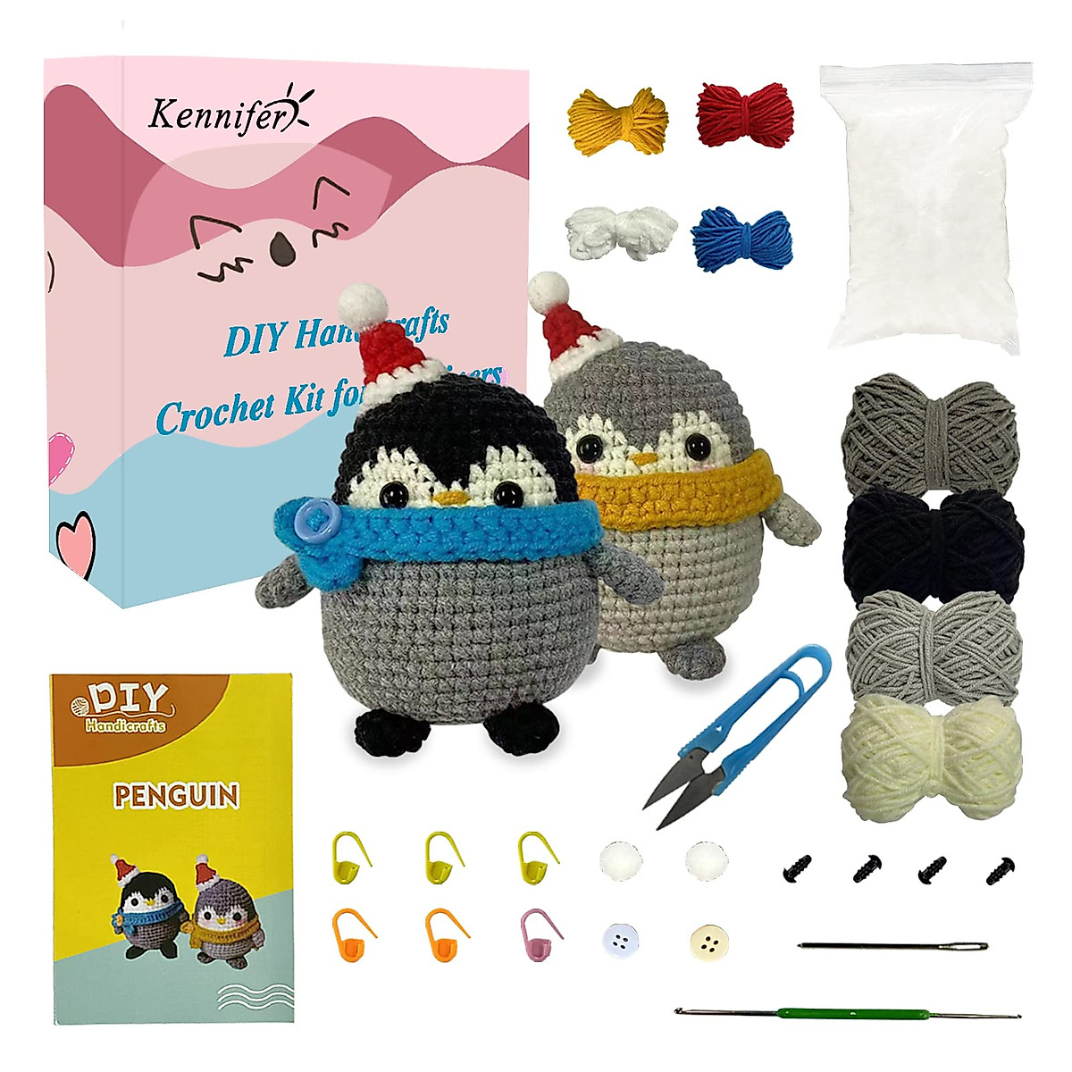 kennifer Crochet Kit for Beginners, Set of 2 Christmas Penguin with Step-by-Step Video Tutorials, Complete Crochet Kit for Adults and Kids, Yarn, Hook, Needles, Scissors, All Accessories Include