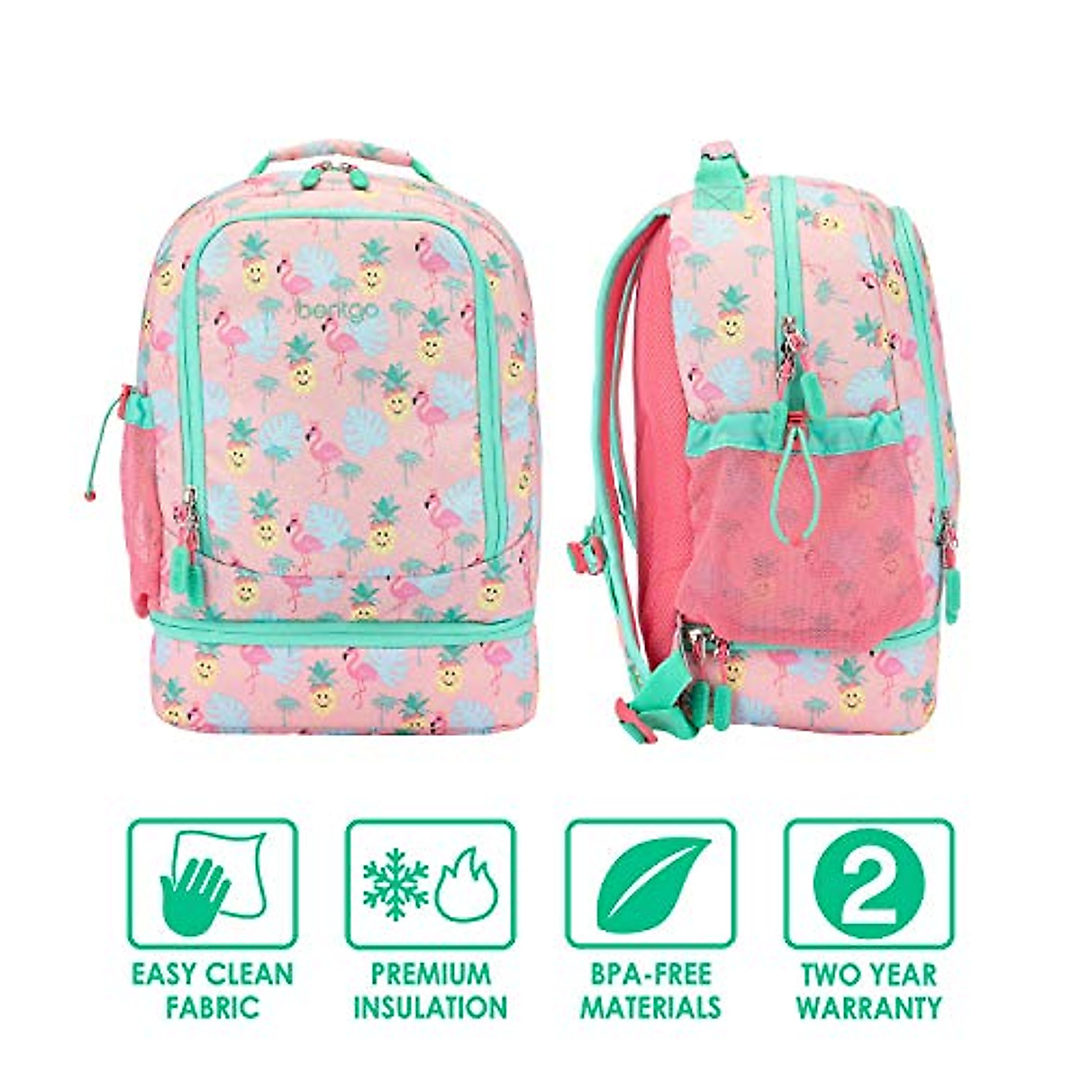 Bentgo 2-in-1 Backpack & Insulated Lunch Bag Set With Kids Prints Lunch Box and 4 Reusable Ice Packs (Tropical)