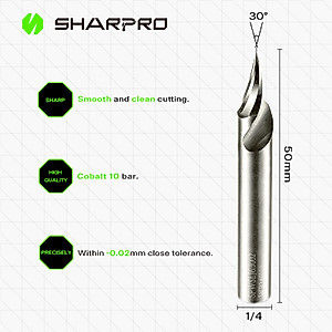SHARPRO Chamfer End Mill V Groove O Flute Spiral Router Bit 30 Degree 1/4 Inch Shank CNC Carbide V-bit for Engraving and Chamfering Lettering, Ideal for Wood, Plywood, MDF, PVC and Acrylic