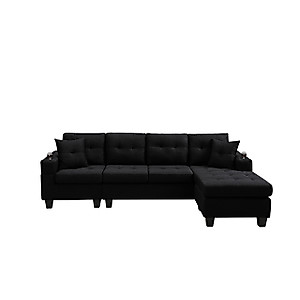 BIADNBZ Modern Sectional Sofa with Reversible Chaise Lounge and Two Cupholders, L-Shaped Couch with 2 Pillows for Living Room Apartment, Black