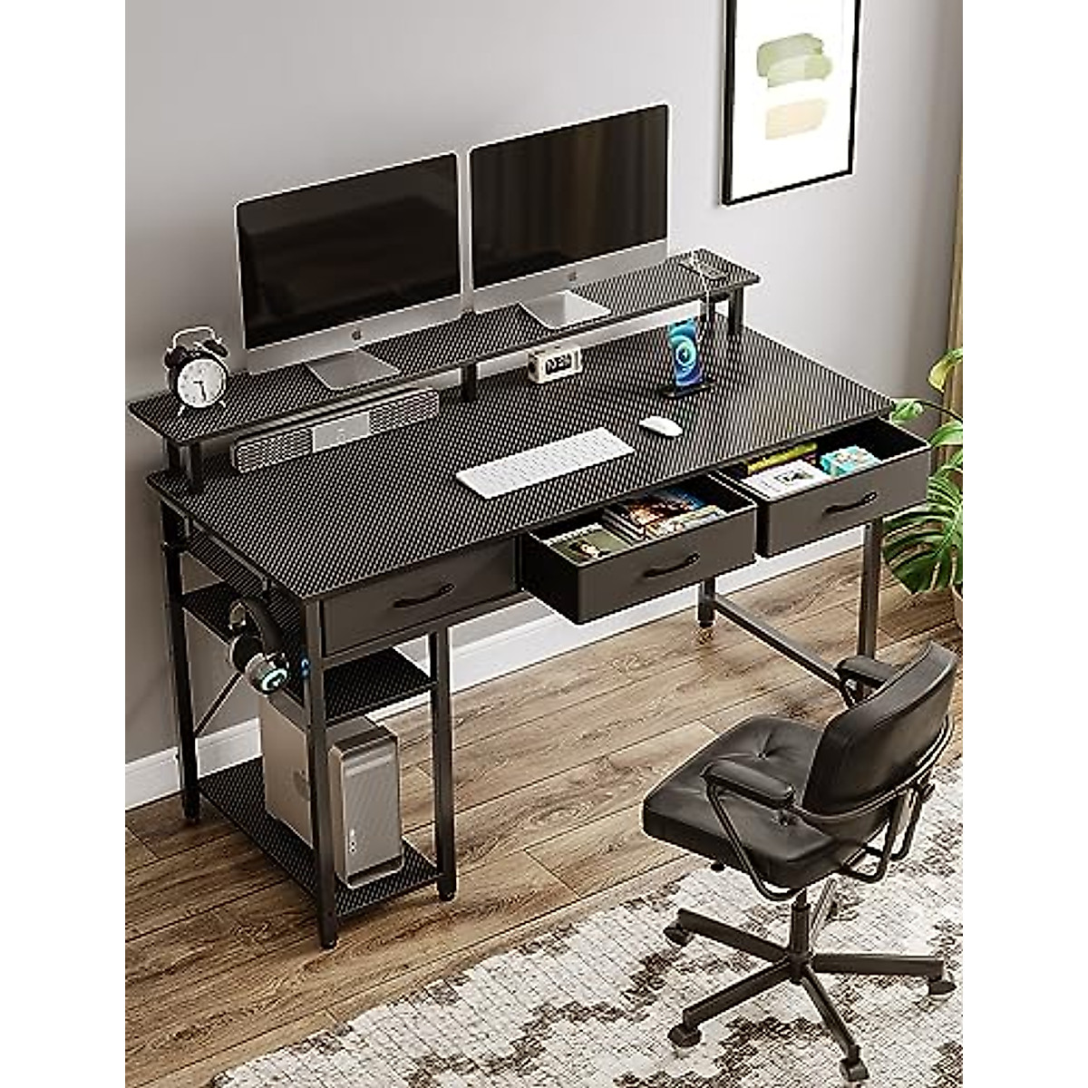 Rolanstar Computer Desk with Power Outlets & LED Light, 47 inch Home Office Desk with 3 Drawers and Storage Shelves, Writing Desk with Monitor Stand, Modern Work Desk for Home Office, Carbon Black