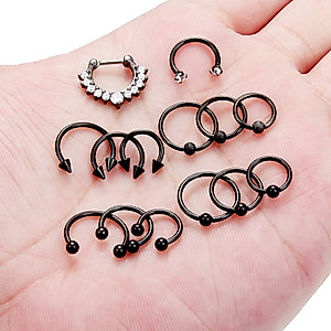 Ocptiy 16G Black Septum Ring Piercing Jewelry Horseshoe Septum Nose Ring 16 Gauge Stainless Surgical Steel Cartilage Tragus Helix Rook Daith Earring Eyebrow Lip Ring Smiley Piercing Jewelry Women Men