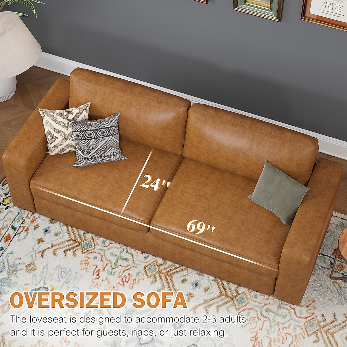 ABCASA 85" Faux Leather Couch with Padded Cushions, Mid-Century Modern Sofa with Extra Deep Seats, 3-Seater Sofa Couch for Living Room Apartment Lounge, Brown