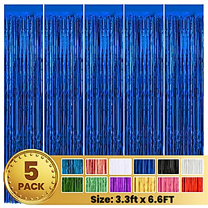 PABUES 5 Pack 3.3 x 6.6 FT Blue Foil Fringe Backdrop Curtain, Streamer Backdrop Curtains, Streamers Birthday Party Decorations, Fringe Backdrop for Graduation, Baby Shower, Gender Reveal