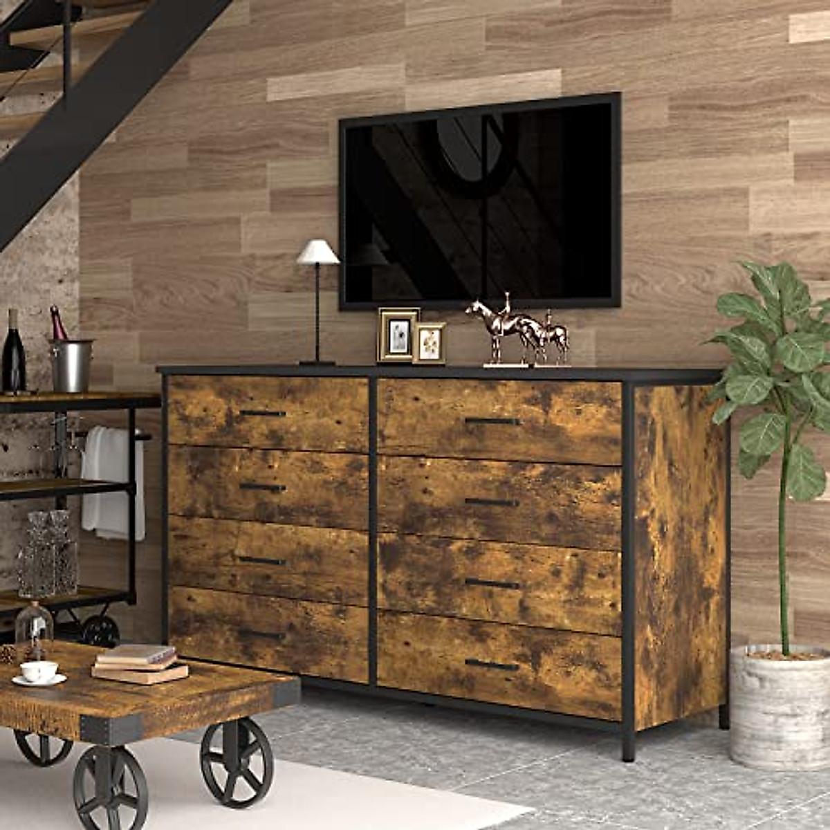 IKENO 8 Drawer Dresser, Industrial Wood Storage Dressers & Chests of Drawers with Sturdy Steel Frame, Storage Dresser for Bedroom Wood (Rustic Brown)