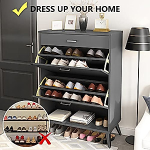 AWQM Shoe Cabinet for Entryway, Modern Free Standing Shoe Storage Cabinets, Wooden Slim Shoe Organizer Cabinet for Entryway, Hallway - Grey (Men's 8.5)