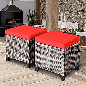 Tangkula 2 Pieces Patio Rattan Ottomans, Outdoor Wicker Footstool Footrest Seat with Soft Cushions and Steel Frame, All-Weather Patio Ottoman Set for Backyard Garden Poolside (Red)