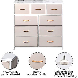 CERBIOR Wide Drawer Dresser Storage Organizer 9-Drawer Closet Shelves, Sturdy Steel Frame Marbling Wood Top with Easy Pull Fabric Bins for Clothing, Blankets (9-Cream Drawers)