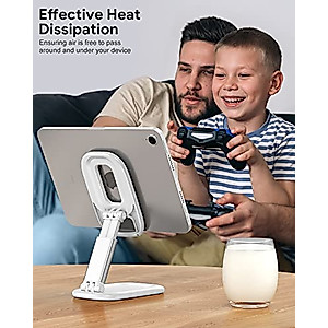 OMOTON Foldable Cell Phone Stand, Fully Portable Phone Stand for Deak Cell Phones Accessories, Height Adjustable Mobile Phone Holder Stand with Charging Hole, Compatible with All Smart Phones, White