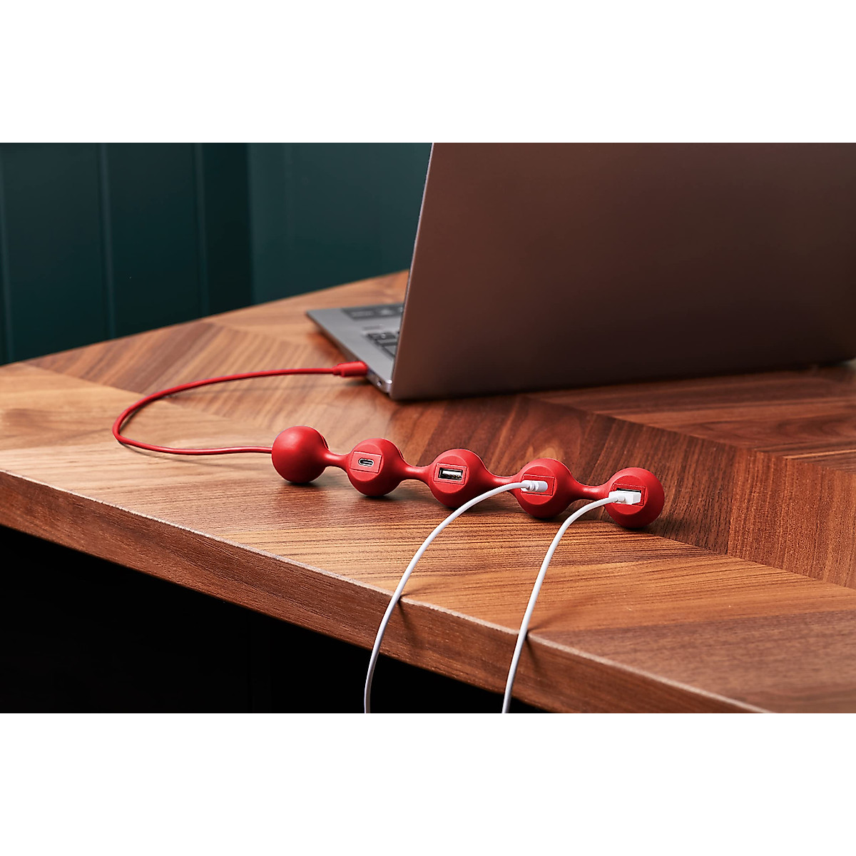 LEXON PEAS HUB 2 4-Port Hub, Charge 2 x USB, 2 x USB-C 2 Smartphones Simultaneously, Copper Inner Cable LD143DR, Dark Red