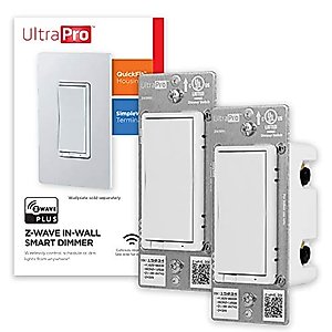 UltraPro Z-Wave Smart Rocker Light Dimmer with QuickFit and SimpleWire, 3-Way Ready, Works with Alexa, Google Assistant, ZWave Hub Required, Repeater/Range Extender, White Paddle Only, 2-Pack, 54897