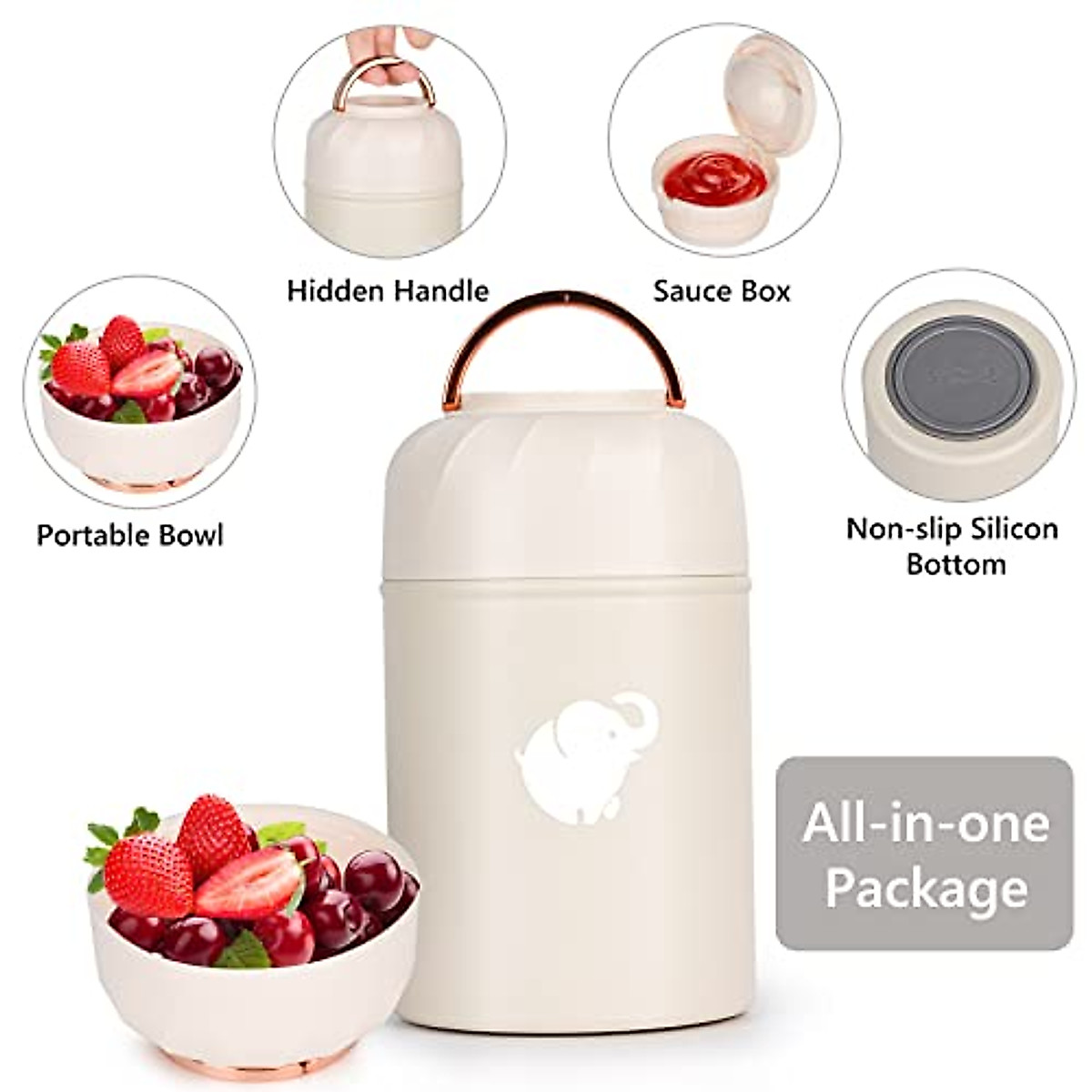 NewFation Thermos For Hot Food - 17OZ Insulated Food Container With Foldable Fork& Spoon, Leak Proof Soup Thermos For Adults, Food Thermos Portable With Handle For Office Outdoors(White)