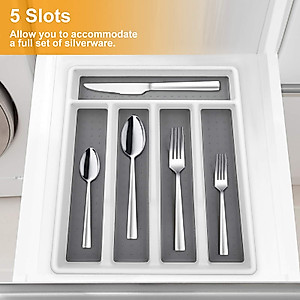E-far Silverware Tray for Drawer, Small Plastic Utensil Tray Drawer Organizer, 5 Compartment Flatware Cutlery Holder/Divider, White with Gray Non-slip Rubber Grips, 12.6 x 11.4-Inch
