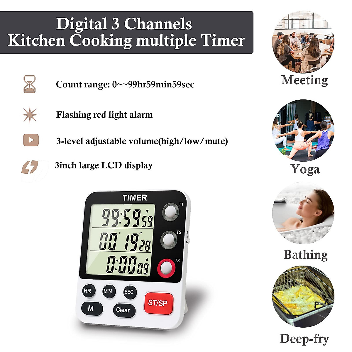 QINFIEY Digital 3 Channels Kitchen Cooking Multiple Timer with Large LCD Count Up Down Stopwatch ON Off Switch Timer for Teaching Reading 3-Level Adjustable Volume with Magnetic Back Battery Included