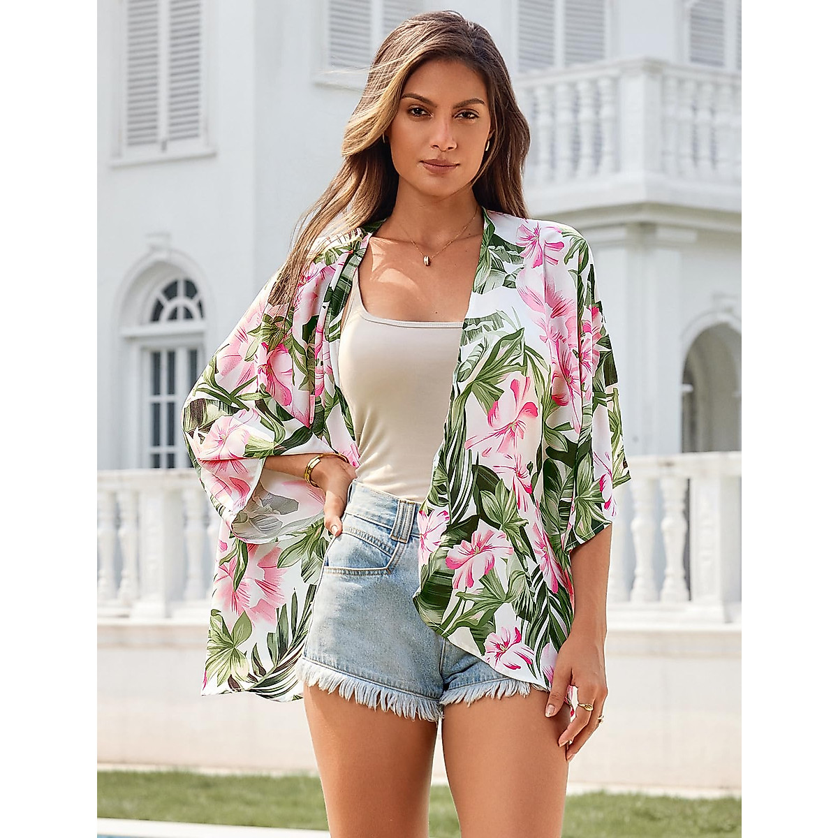 BB&KK Women's Floral Leaf Kimono Cover Ups Plus Size Hawaiian Shirts Tops Tropical Boho Outfits Chiffon Sheer Summer Cardigans Shawls Wraps White 3X-Large