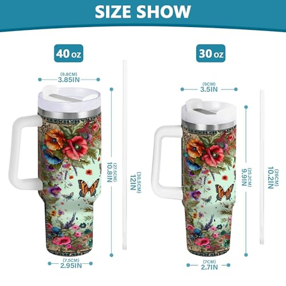 Maunzc 30 oz Tumbler with Handle and Straw, Insulated Stainless Steel Travel Mug with Lid for Coffee, Iced Tea, Water, Gift for Men Women (Butterflies and Herbs)