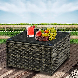 YIYAN Outdoor Patio Ottoman PE Rattan Footstool Ottoman for Backyard All Weather Outdoor, Wicker Rattan Outdoor Ottomans Footrest Seat for Side Table (Tempered Glass)