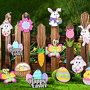 24 Pieces Spring Easter Wooden Ornaments Happy Easter Cutouts Embellishments Cute Holiday Decorations with Strings Hanging Ornaments for Easter Tree Party Home Classroom Decor (Bunny Egg Flower)