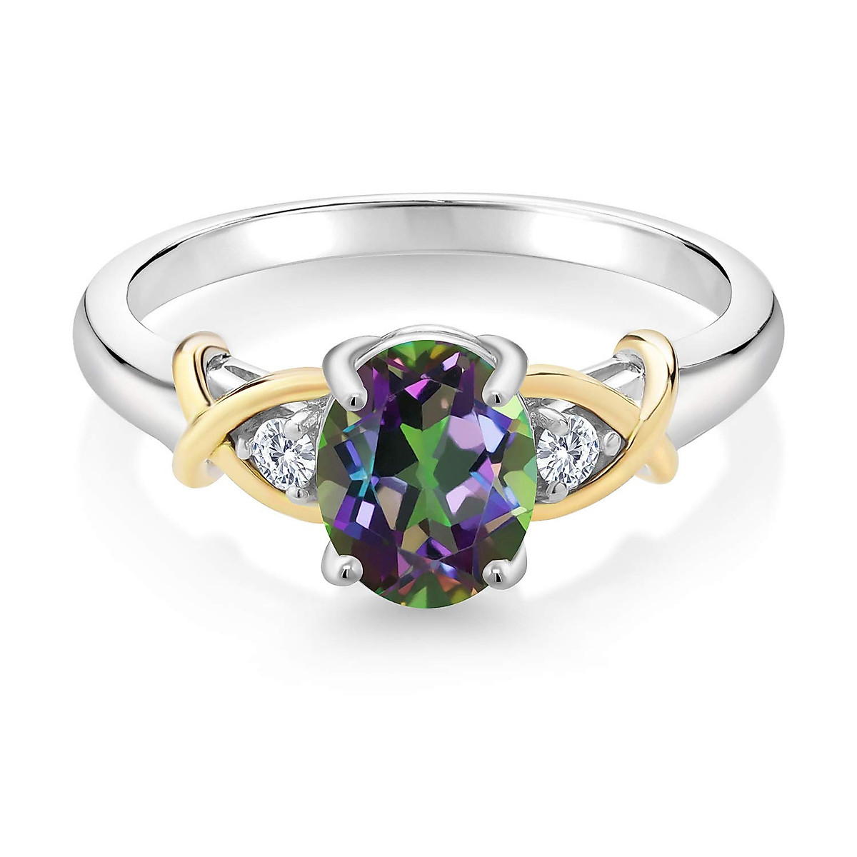 Gem Stone King 2-Tone 10K Yellow Gold and 925 Sterling Silver Green Mystic Topaz and White Lab Grown Diamond Women Ring (1.65 Cttw, Available in Size 5,6,7,8,9)