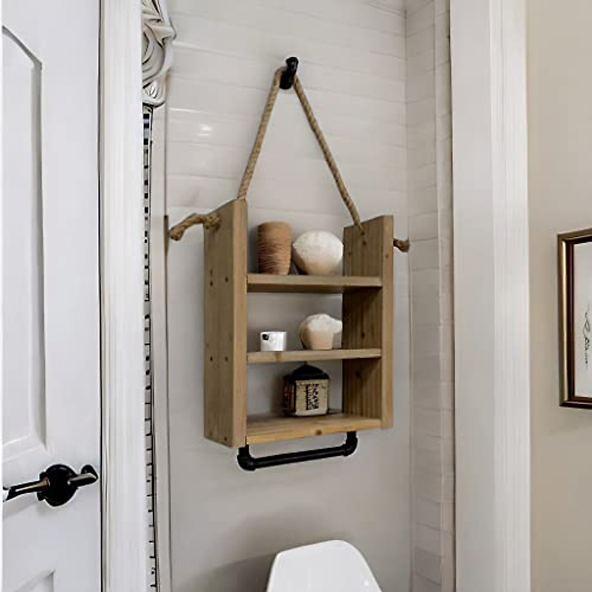 Fenisam 3 Tier Shelves 1 Towel bar, Pipe Wood Wall Hanging Unit, Cute Industrial Rustic Farmhouse Storage Shelf for Bathroom, Toilet, Kitchen, Laundry, Bedroom, Living Room, Office