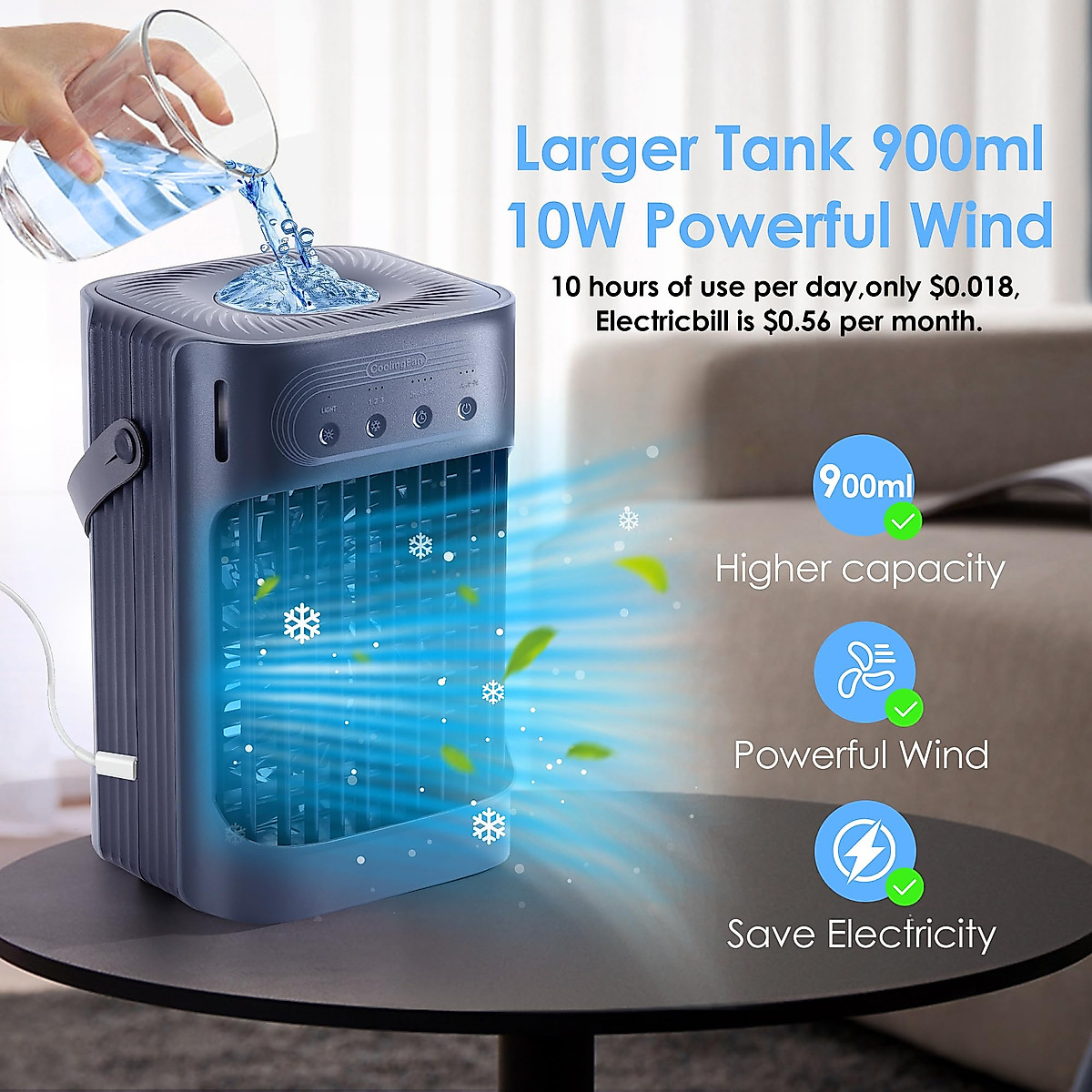 TAKSHO Portable Air Conditioner 3 Cold Wind Speeds-3 Mist Levels, 7 Color-Changing LED Lights - 10W & 32 oz Water Tank, USB-Powered Evaporative Air Cooler Unit with 2-8 Hour Timer, Portable air cooler