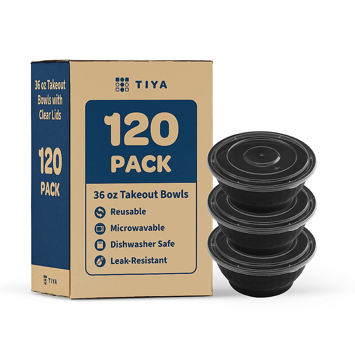 TIYA Food Takeout Bowls - Black Plastic Storage To-Go Containers - Reusable Microwavable Dishwasher Safe Restaurant Bowls - Leak Resistant for Soups & Meal Prep (42 oz Bulk 120 Pack with Clear Lids)