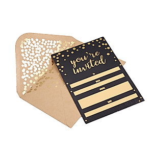 Chriz.Z Invitation Cards - 50-Count 4" x 6" Black Invitation Cards ‘’You Are Invited’’ in Gold Foil with 52 Gold Confetti Foil Kraft Envelopes – For Wedding, Bridal Shower, Baby Shower, Birthday