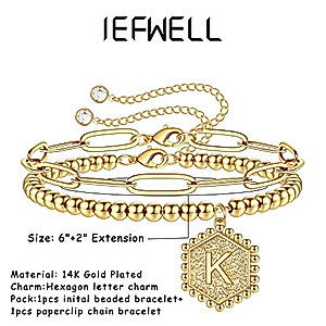 IEFWELL Dainty Gold Bracelets for Women Teen Girls, Initial Bracelets Bead Bracelet Letter K Paperclip Link Bracelets for Her Dainty Gold Bracelets for Women Jewelry