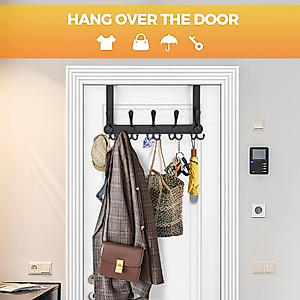 Ravinte Over The Door Hooks, 1 Pack Over The Door Hanger with 5 Coat Hooks for Hanging Clothes, Over The Door Towel Racks for Bathroom Heavy Duty, Black