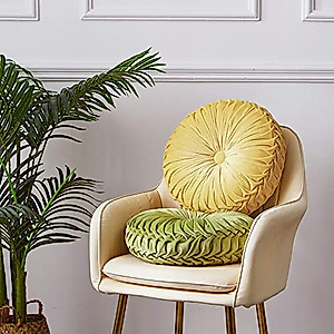 Cassiel Home Velvet Round Throw Pillow Green Summer Pleated Plush Pillow on Couch Pintuck Decorative Floor Cushion for Living Room Bedroom 14.5 inches