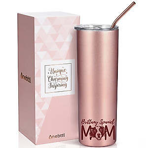 Onebttl Brittany Spaniel Gifts for Brittany Mom, Brittany Dog Design, Dog Mom Gifts, 20oz Stainless Steel Insulated Skinny Tumbler with Lid & Straw, Rose Gold - Brittany Mom