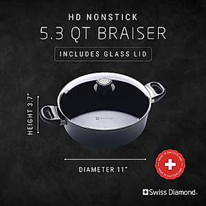 Swiss Diamond 11" (5.3 Qt) Braiser HD Nonstick Diamond Coated Aluminum Braiser, Includes Lid - Dishwasher Safe and Oven Safe Braiser, Grey