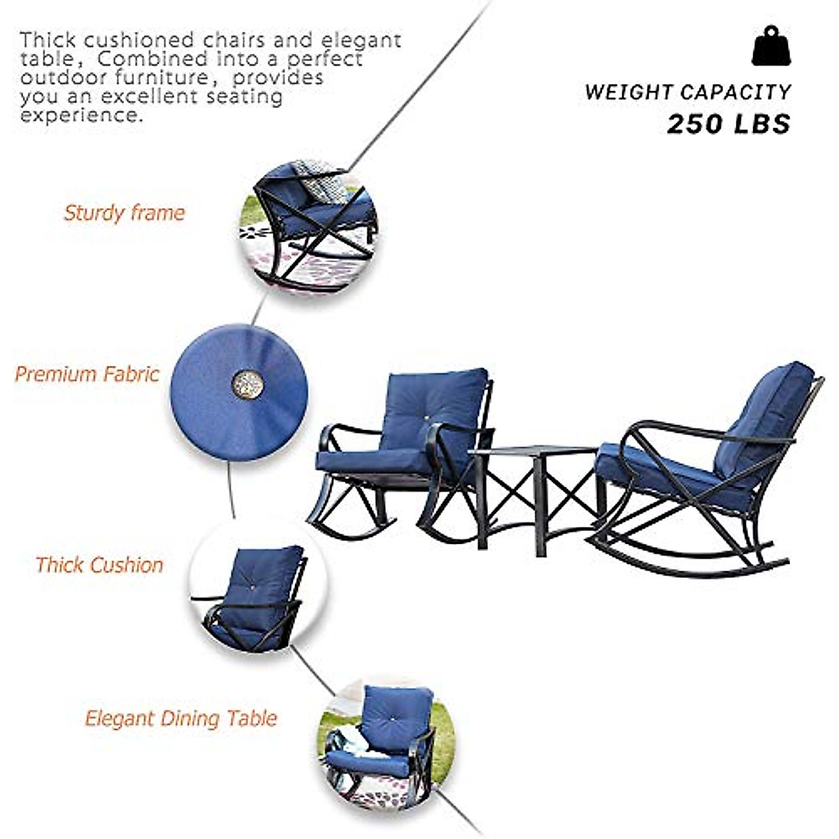 LOKATSE HOME 3-Piece Outdoor Patio Rocking Steel Furniture Bistro Set with 2 Rocker and 1 Metal Square Coffee Table(Blue Thickened Cushion)