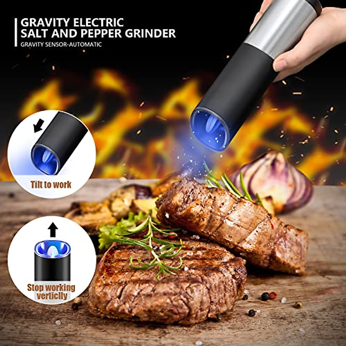 Gravity Electric Salt and Pepper Grinder Set Battery Operated,One Hand Operation Automatic salt and pepper grinder set,Electric Salt and Pepper Shakers with LED Light,Adjustable Coarseness(2 PCS)