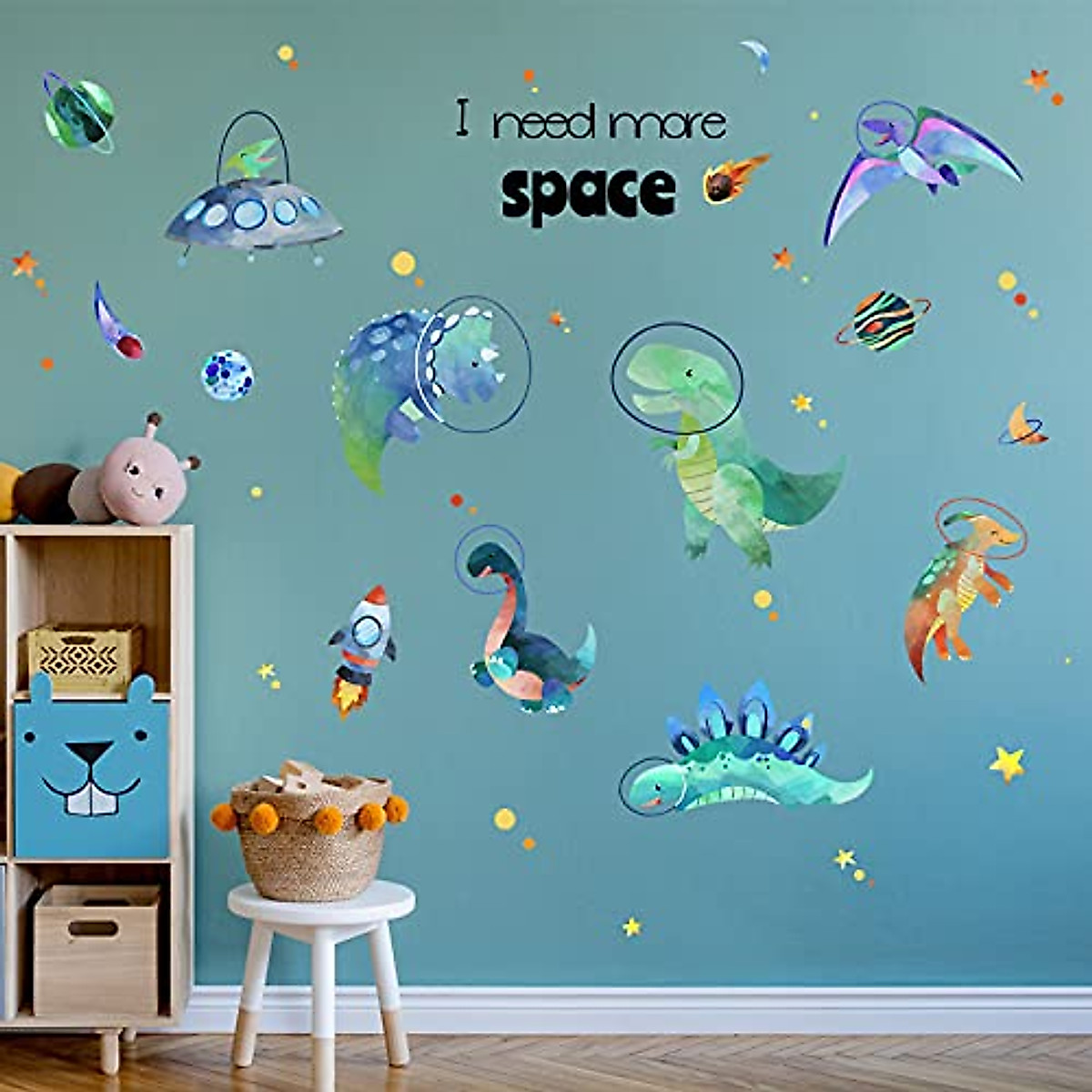 Yovkky Boys Space Dinosaurs Astronauts Wall Decal, Funny Peel Stick Dino Animal Planet Stickers Nursery Spaceship Rocket Decor, Home Baby Room Decorations Kids Bedroom Playroom Art Party Supply Gift
