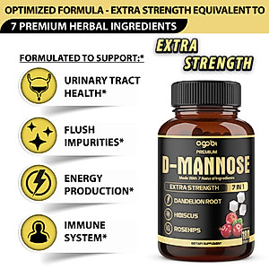 agobi 7in1 D-Mannose Capsules Blended Cranberry, Dandelion, Hibiscus, Rosehips & More - Equivalent 6050mg - Support Flush Impurities and Urinary Tract Health - 180 Count 6-Month Supply