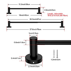 2 Pack Adjustable 16 to 27.6 Inch Single Towel Bar, iMomwee Oil Rubbed Black Finished SUS304 Stainless Steel Bathroom Towel Rod, Wall Mount Towel Rail with S Hooks for Kitchen Washroom (1" Diameter)