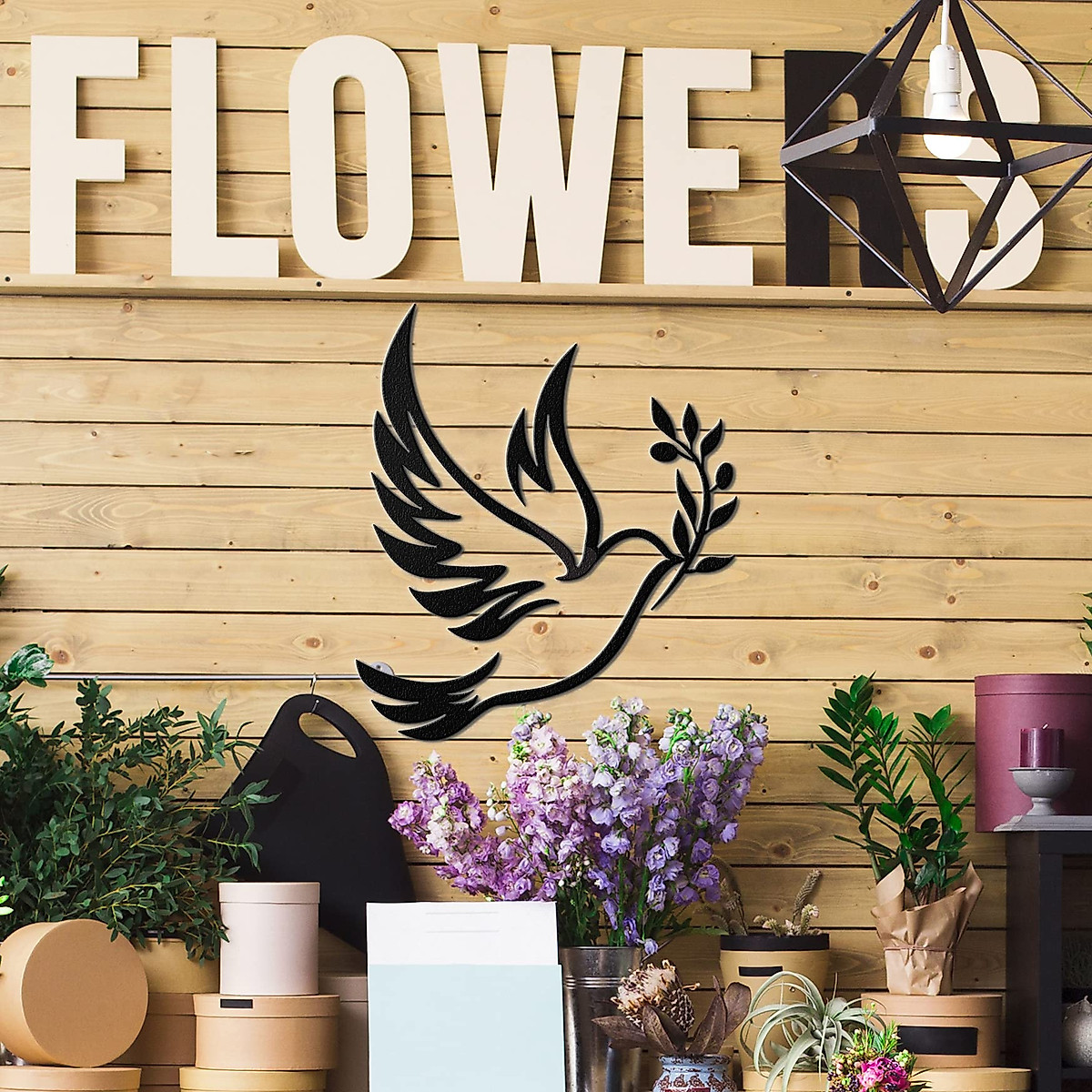 Vivegate Dove of Peace Olive Branch Metal Wall Art – Olive Branches Peace Black Outline White Dove Metal Wall Decor (Large - 15"X13", Dove)