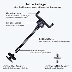 Phone Holder for Ring Light and Tripod Stand with 1/4 and Hot Shoe Adapter, Flexible Phone Tripod Mount Adapter (Black)