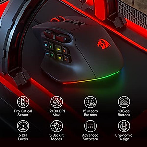 Redragon M811 Aatrox MMO Gaming Mouse, 15 Programmable Buttons Wired RGB Gamer Mouse w/Ergonomic Natural Grip Build, 10 Side Macro Keys, Software Supports DIY Keybinds & Backlit