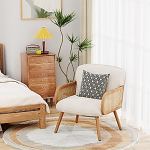 Andeworld Accent Chair with Rattan Arms,Upholstered Mid Century Modern Living Room Armchair, Side Club chair with Burlap Linen Fabric for Living Room Bedroom Balcony, Beige