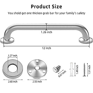 Supwish Shower Grab Bars Brushed Nickel 12" x 1 1/4", Stainless Steel Handicap Grab Bars for Bathroom Bathtub Toilet, Shower Handle Safety Bars Hand-Rail Support for Elderly Seniors Pregnant Children
