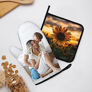 Custom Oven mitt with Photo Personalized Design Name Text Image Oven Mitts and Pot Holders Sets Heat Resistant Oven Gloves for Kitchen Cooking Baking Grilling Gifts (1right Oven mitt+1pot Holder Set)