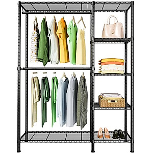 Ulif F2 Closet Garment Rack, 5 Tiers Heavy Duty Clothes Storage Organizer with 2 Hanger Rods for Bedroom, Free-Standing and Height Adjustable, 44.8”L x 14.5”D x 79.3”H, Black