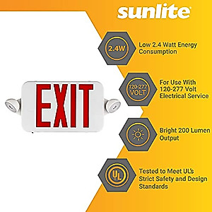 Sunlite 05279 LED Emergency Exit Sign Red, Dual Light with 90-Minute Battery Power Back-Up, 350 Degree Adjustable Head Lamps, 200 Lumens, 120-277V, Ceiling or Wall Mount, Long Lasting, Fire Safety