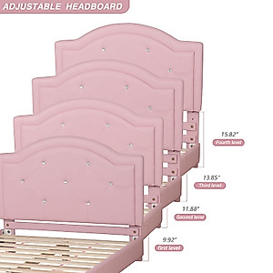 Leather Kids Twin Bed , Crystal Button Adjustable Height Headboard Children's Bed, Wooden Slat Base Toddler Bed ,Upholstered Twin Bed for Kid, Fits Standard Twin Mattress(75"Wx39"D) (Pink)