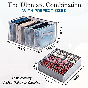 2 Pack Wardrobe Clothes Organizer , Jeans for Closet comes with 24 cell Sock Underwear Dividers Mesh Drawer Large 7 Grids Foldable Compartment Storage Box, gray